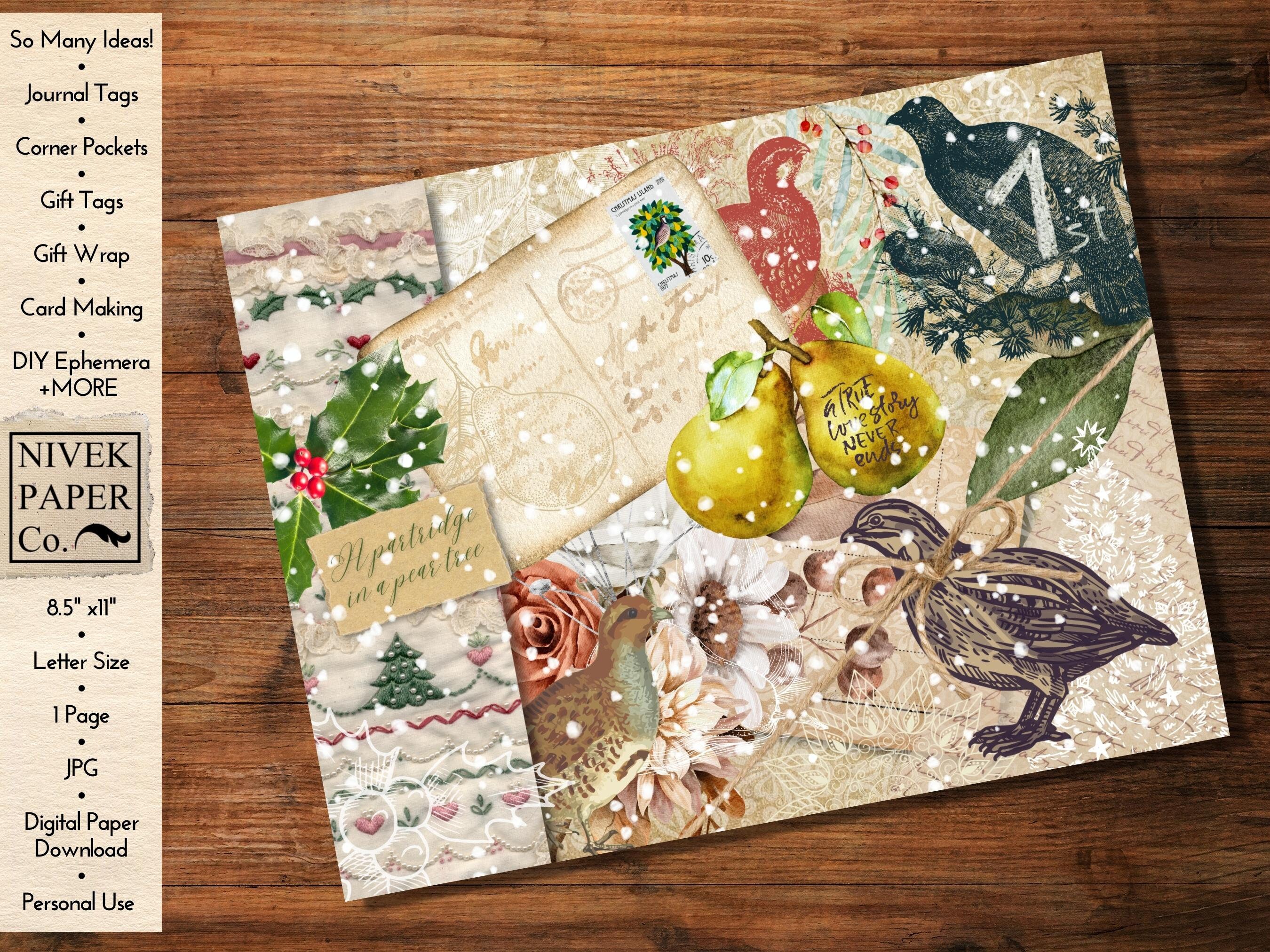 A Partridge in a Pear Tree, Junk Journal Collage Page, Digital Paper ...