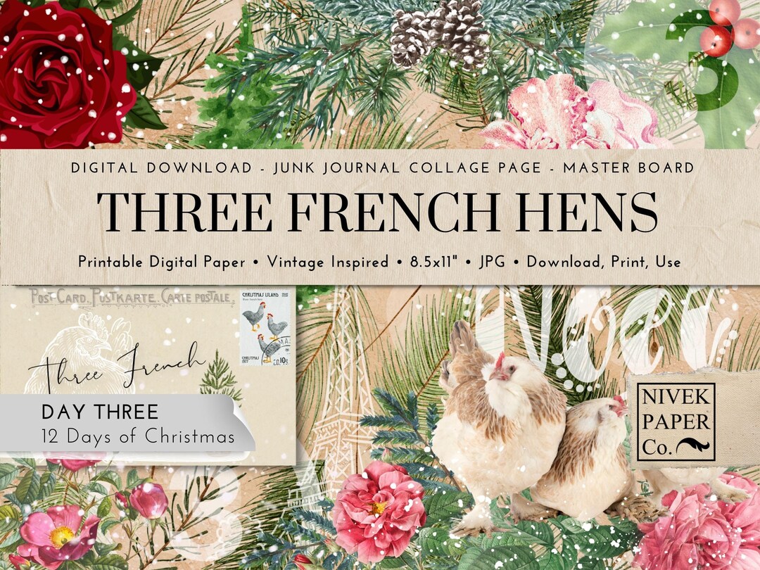 Three French Hens, Junk Journal Collage Page, Digital Ephemera Paper ...
