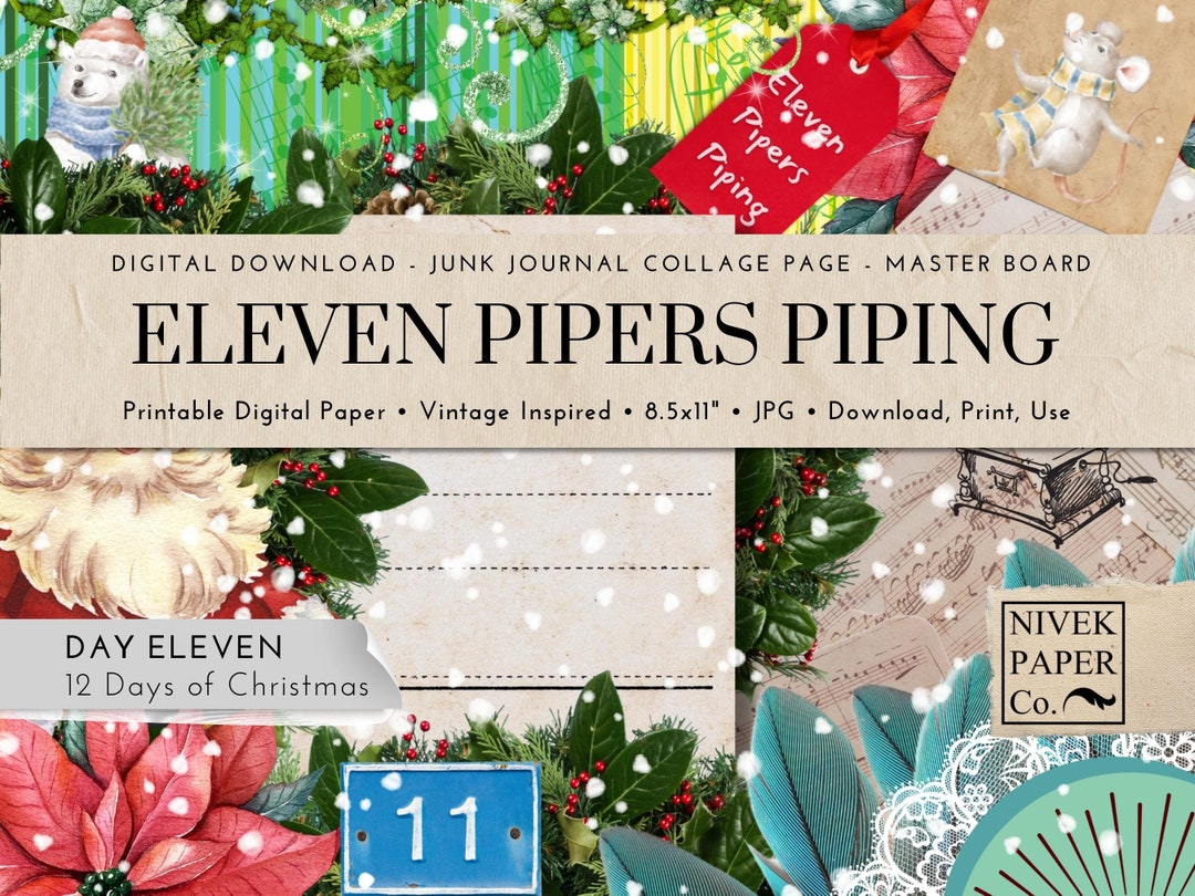 Eleven Pipers Piping, Junk Journal Collage Page, Digital Ephemera Paper ...
