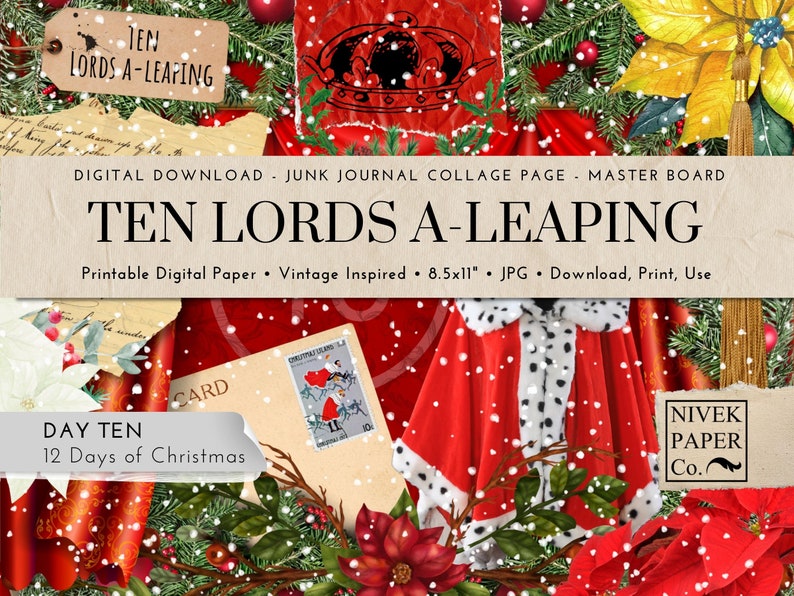 Ten Lords A-leaping, Junk Journal Collage Page, Digital Ephemera Paper ...