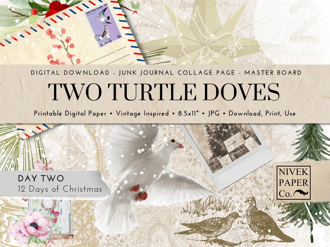 Two Turtle Doves, Junk Journal Collage Page, Digital Ephemera Paper, 12 ...
