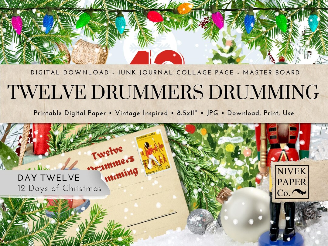 Twelve Drummers Drumming, Junk Journal Collage Page, Digital Ephemera ...