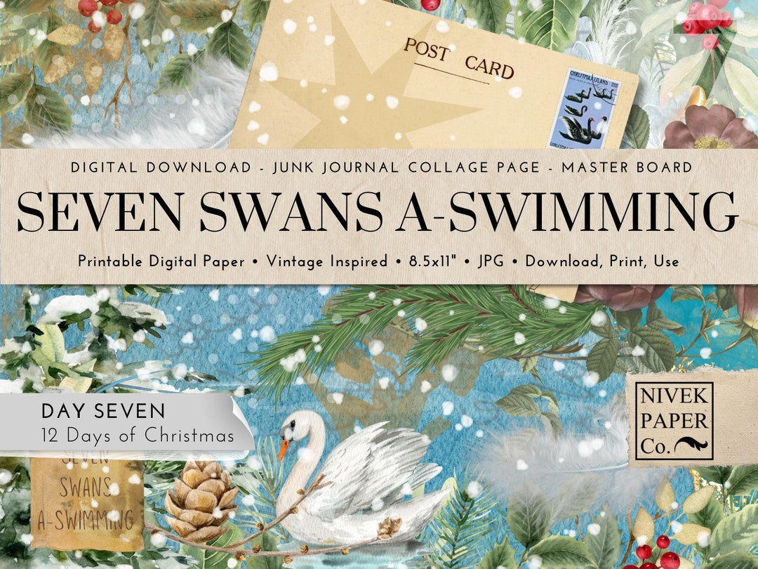 Seven Swans A-swimming, Junk Journal Collage Page, Digital Ephemera ...