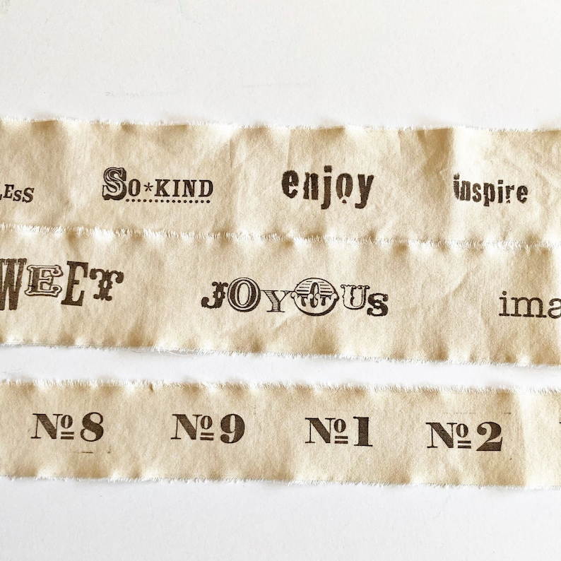 Tea Dyed Fabric Ribbon Stamped With Words and Numbers to Embellish Junk ...