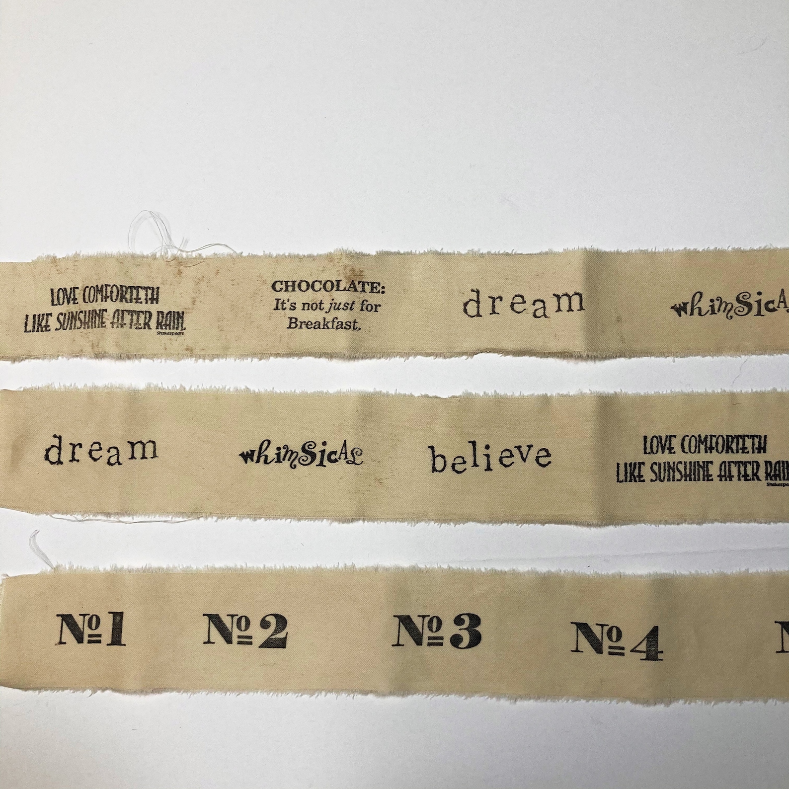 Tea Dyed Fabric Ribbon Stamped With Words and Numbers to Embellish Junk ...