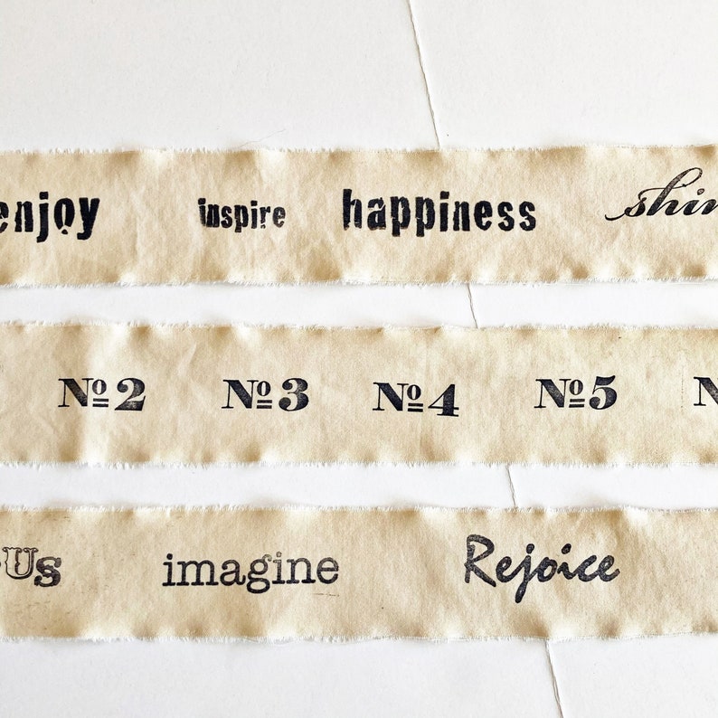 Tea Dyed Fabric Ribbon Stamped With Words and Numbers to Embellish Junk ...