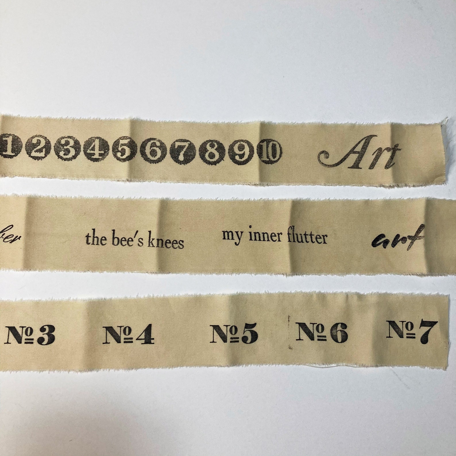 Tea Dyed Fabric Ribbon Stamped With Words and Numbers to Embellish Junk ...