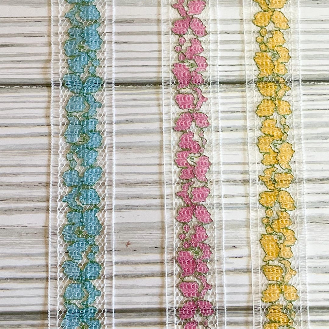 Vintage Floral Design Seam Binding Lace, Blue Pink Yellow, 3 Yards ...