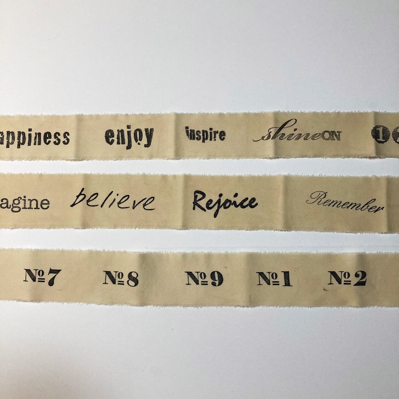 Tea Dyed Fabric Ribbon Stamped With Words and Numbers to Embellish Junk ...