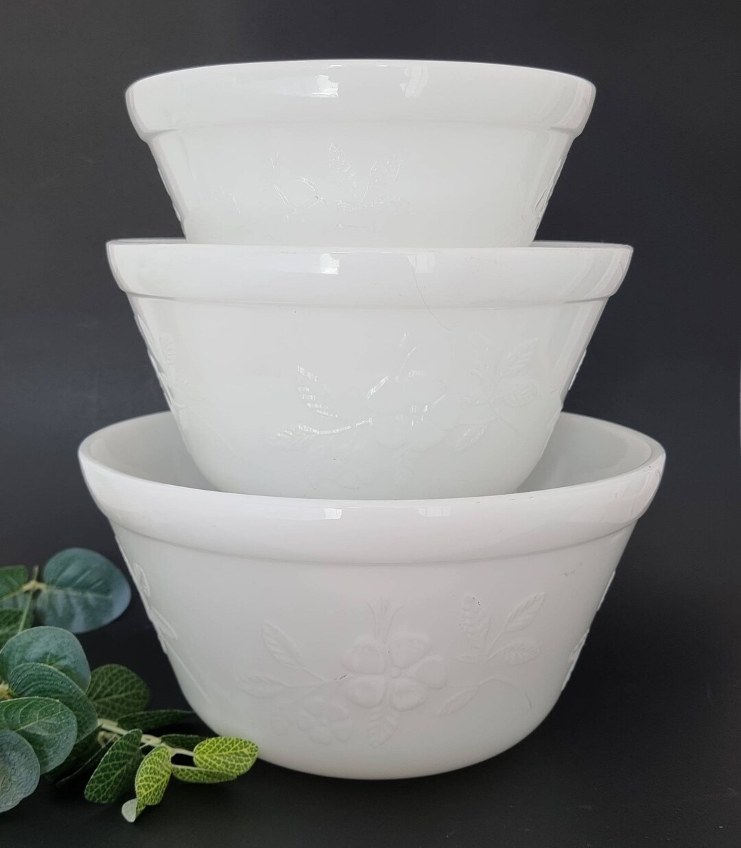 Vintage Federal Glass USA White 'blossom' Embossed Mixing Bowls Set of ...
