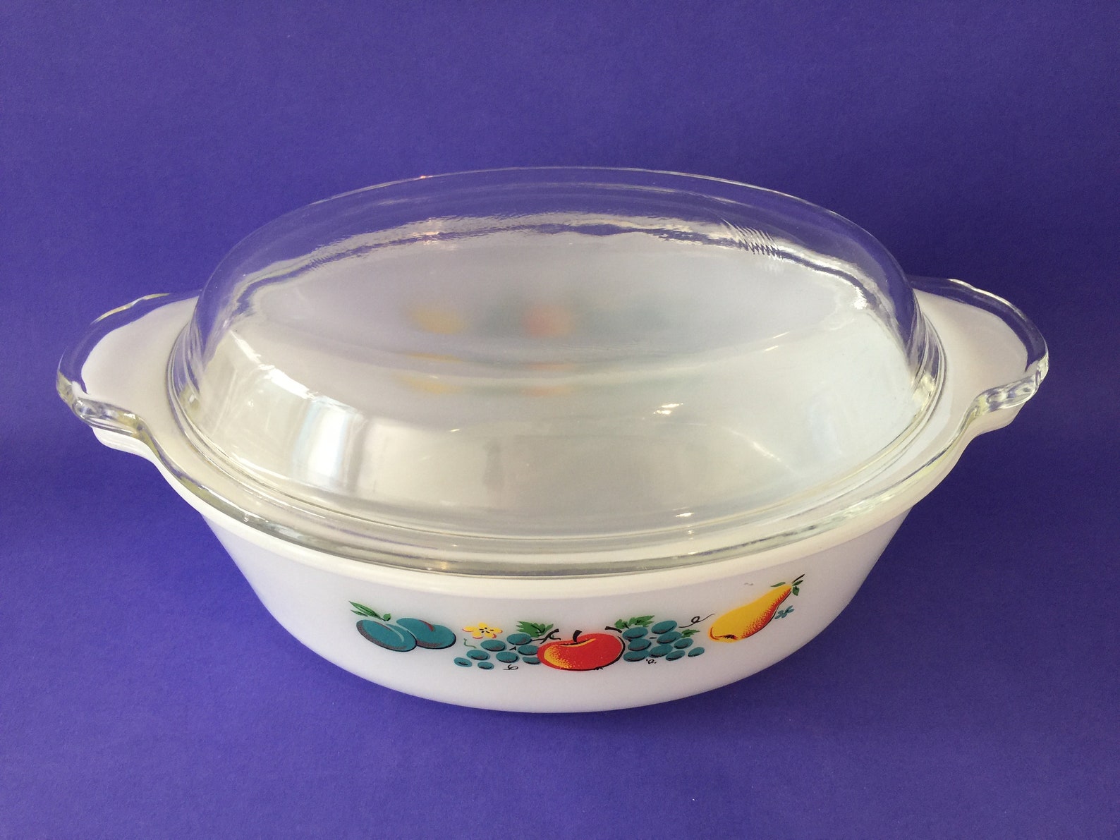 Vintage Fire King USA #467 1 1/2 Qt Fruits Pattern Casserole Dish & Lid ...