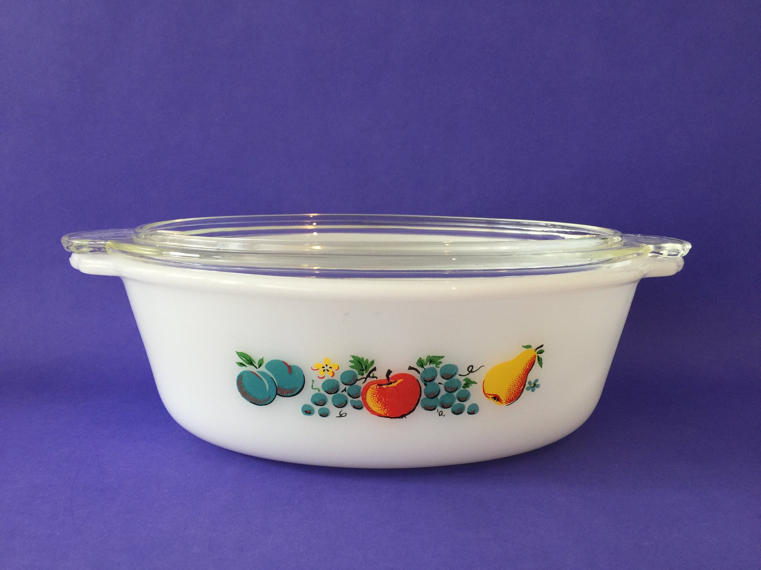 Vintage Fire King USA #467 1 1/2 Qt Fruits Pattern Casserole Dish & Lid ...