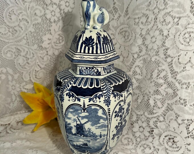 Vintage BOCH Royal Sphinx Delft Blue & White Paneled Delftware Lidded ...