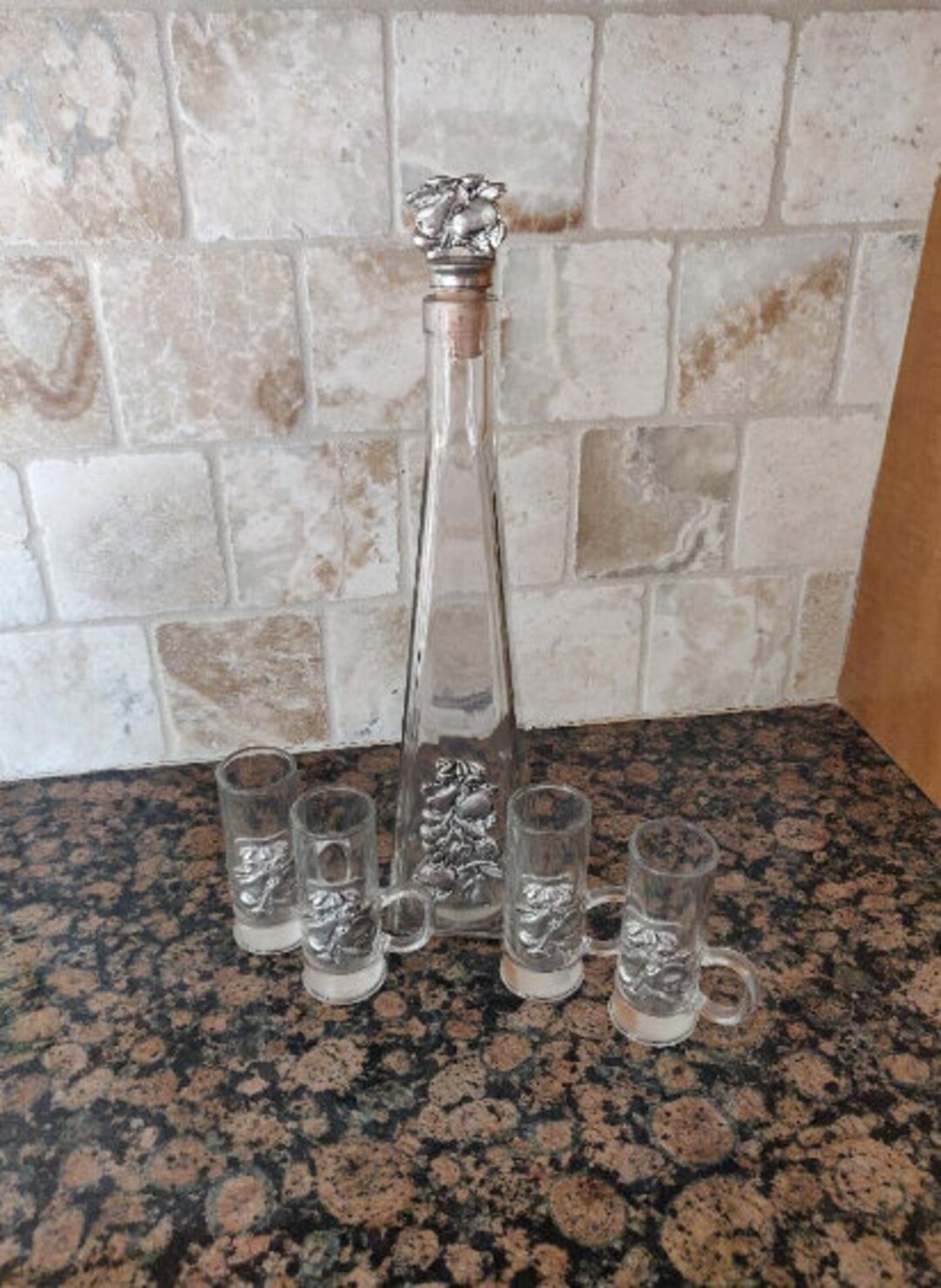 5 Pc France Glass Liquor Fruit Brandy Schnaps 12" Decanter W/ 4 ...