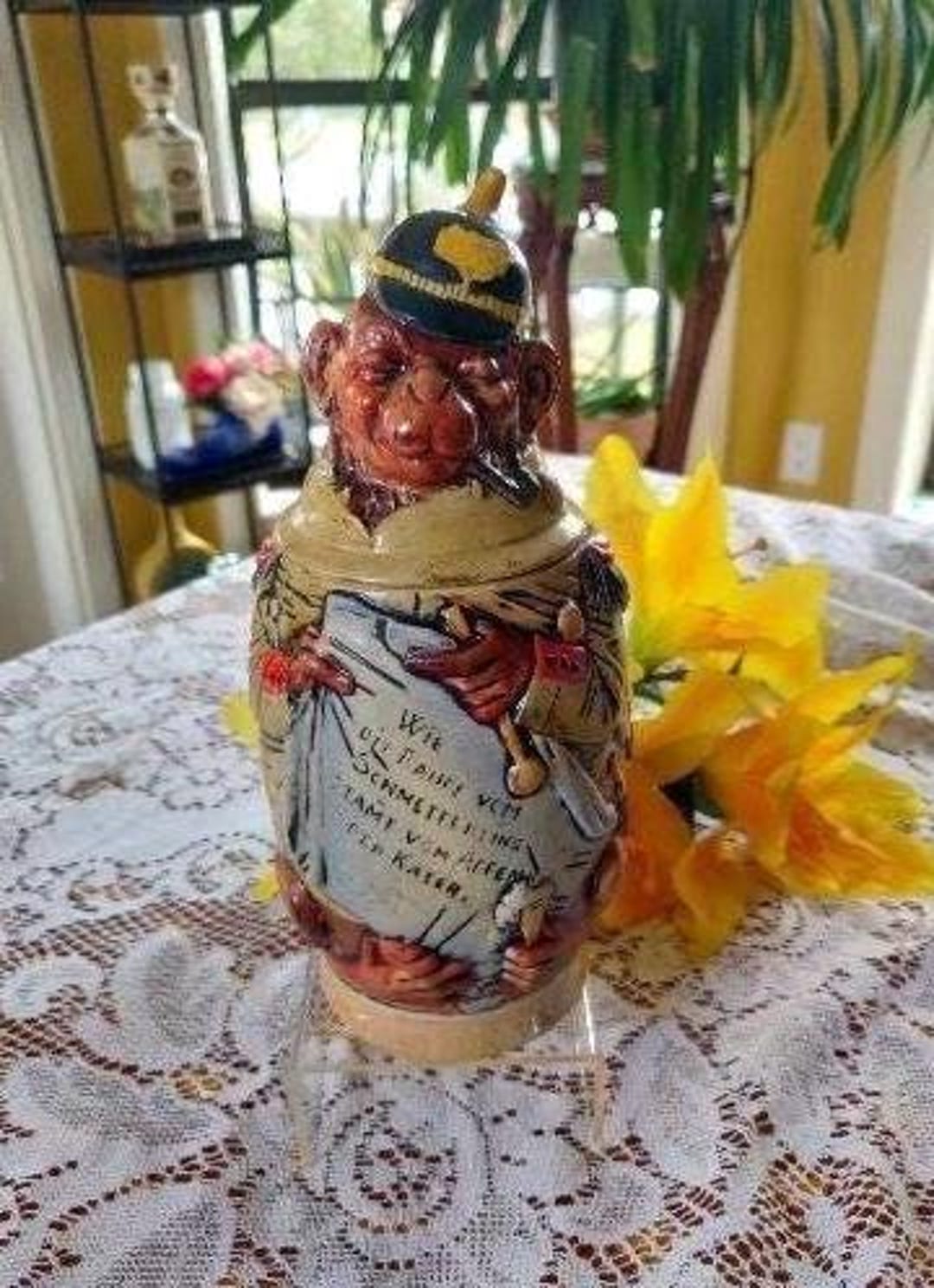 Vintage German Character Colorful Lidded Military Monkey Beer Stein ...