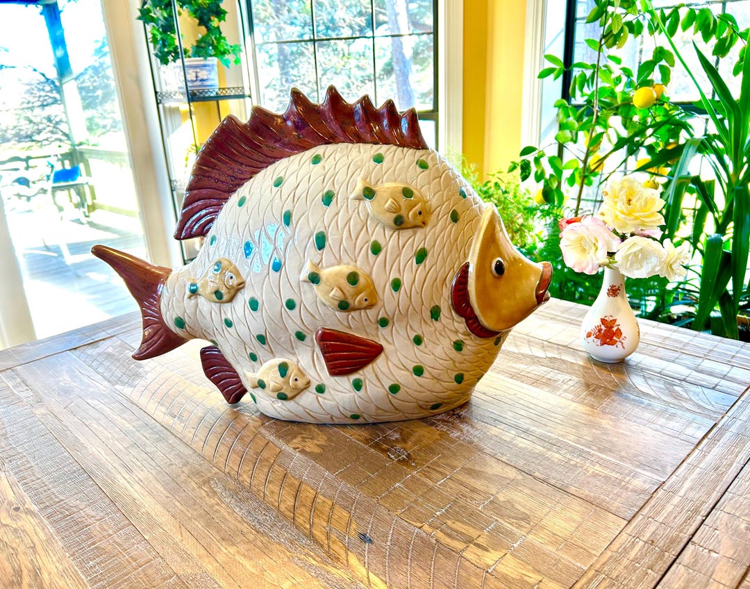 HUGE Vintage Pottery Art Hand Painted Fish 24" Long X 16" Tall W/artist ...