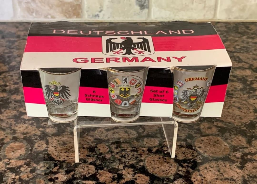 New Boxed Set of 6 German Souvenir Gold Rim Shot Glasses Deutschland ...