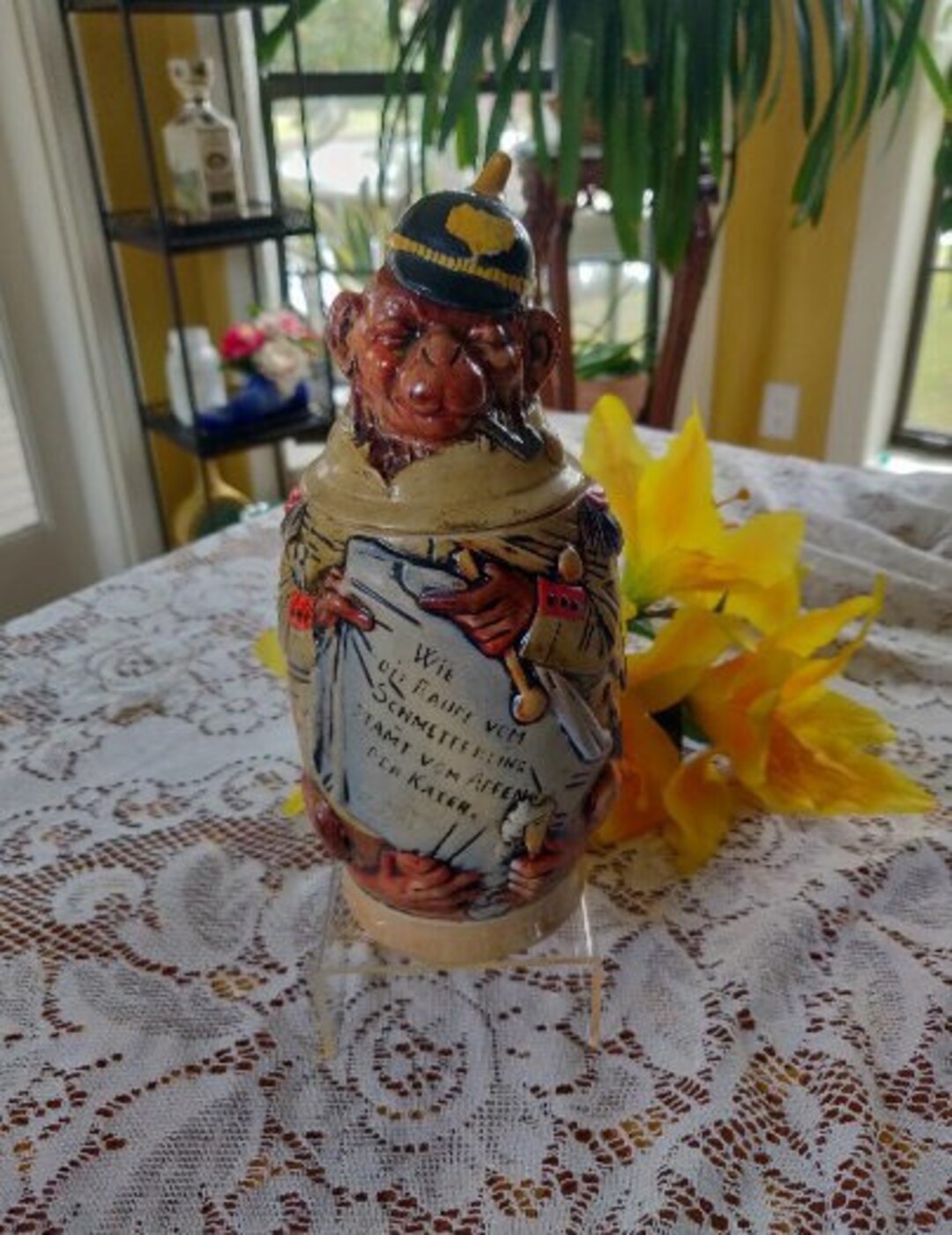Vintage German Character Colorful Lidded Military Monkey Beer Stein ...