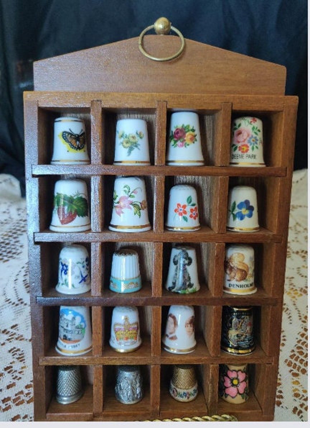 Wood Thimble Display Case W/20 England Bone China Porcelain Thimbles ...