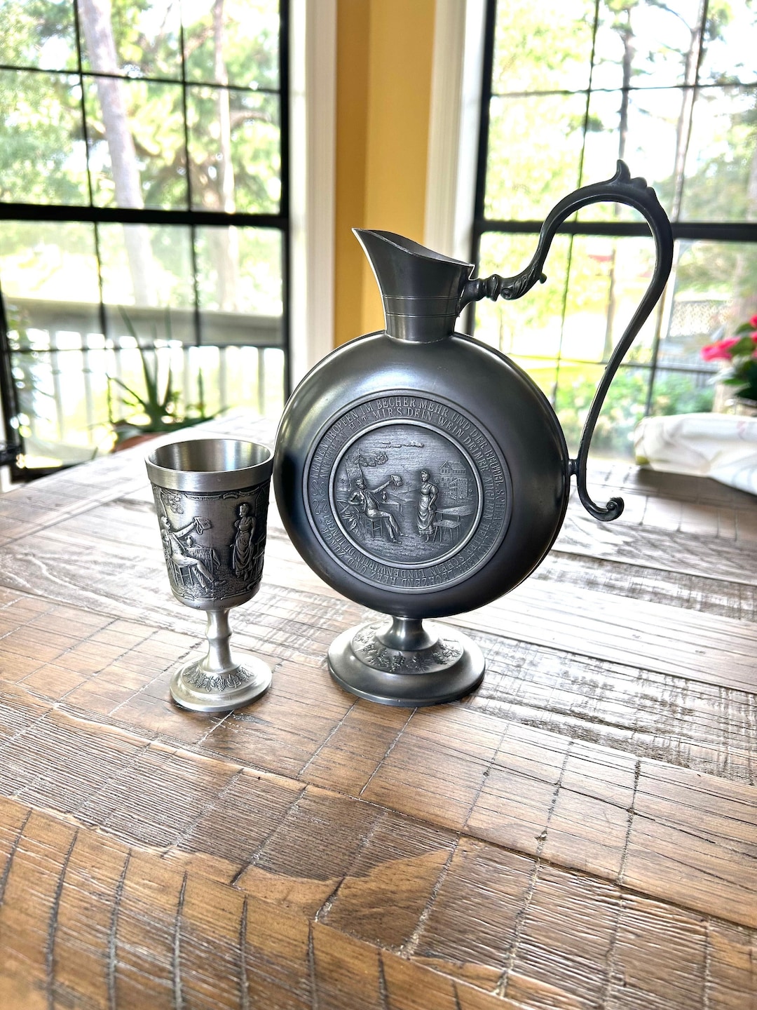 2-pc German Pewter Frieling Zinn Ewer 10" Round Engraved Pouring Wine ...