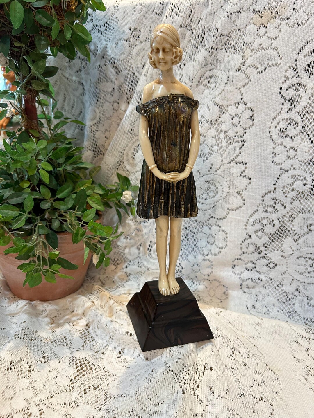 Bronze & Resin Art Deco Young Girl Sculpture Wearing Negligée Standing ...