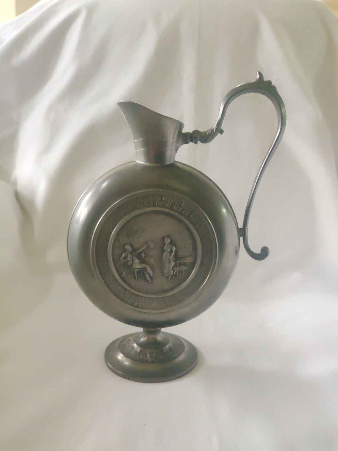 German Pewter Bas-relief Frieling Zinn Ewer 10 Tall Pewter Round ...
