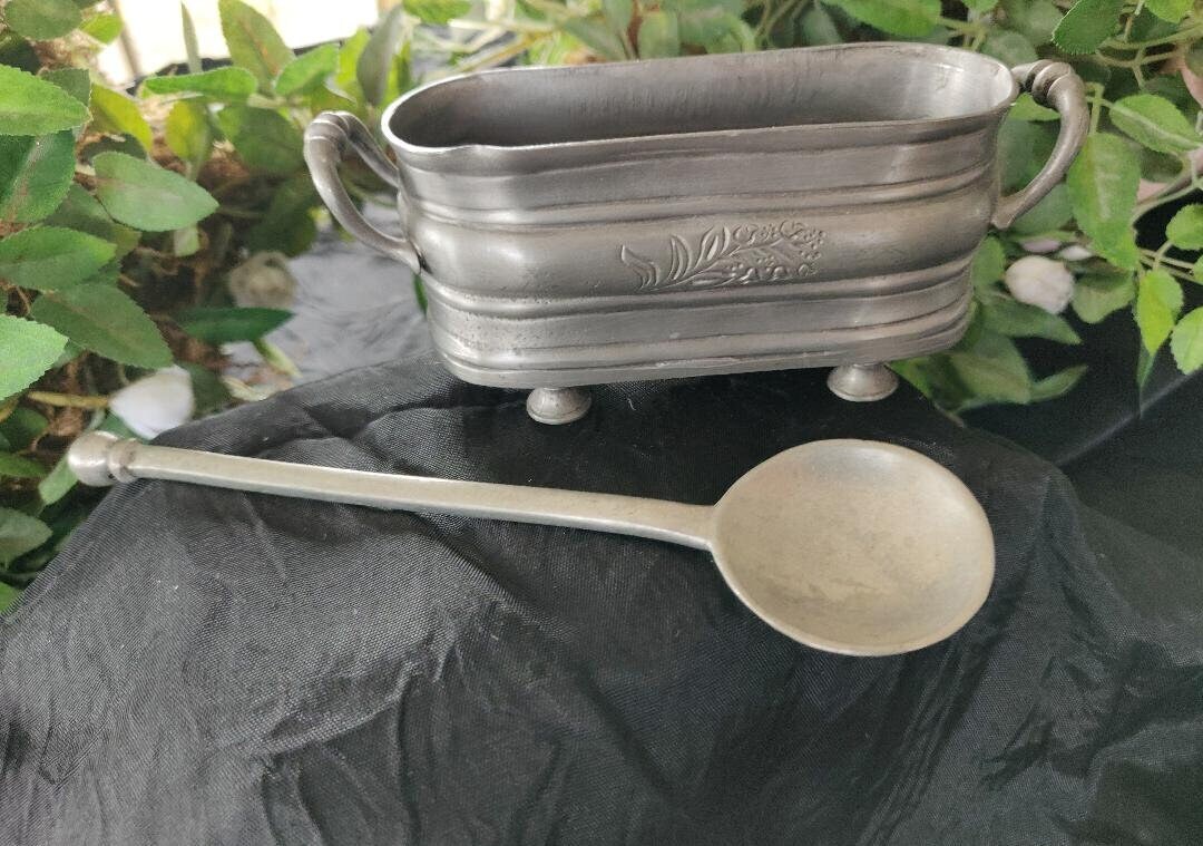 Vintage French Etain Pewter Sugar Spoon and Unique Footed Sugar Tub ...