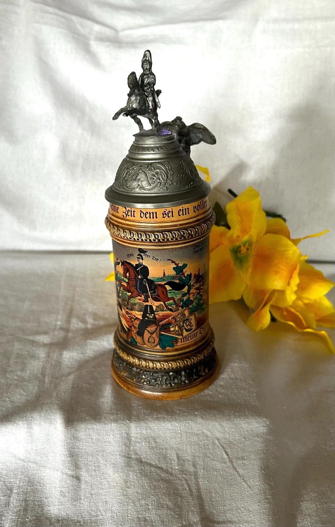 Gerz German Military Scene Beer Stein W/soldier on Rearing Horse Finial ...