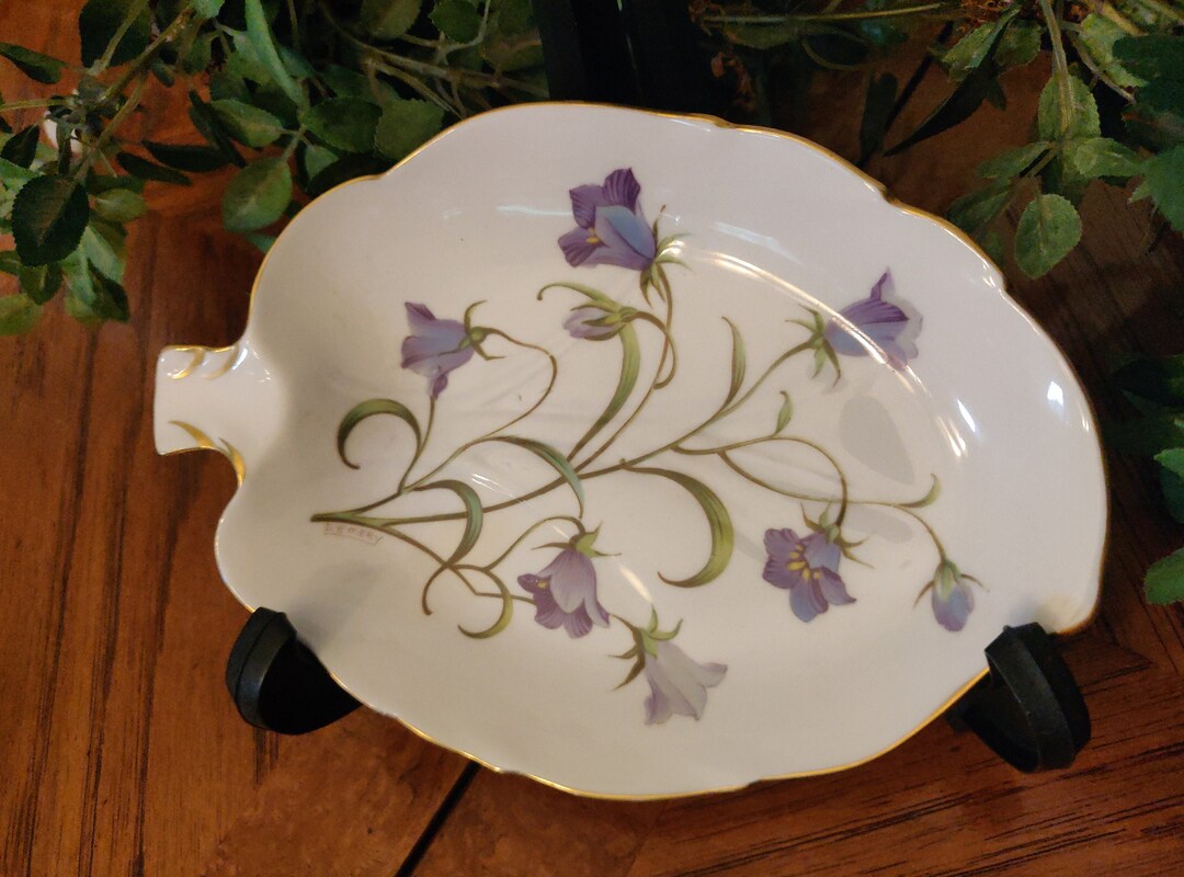 Beautiful Vintage SPODE Campanula Gilt Edged Purple Flower Leaf Dish Artist Signed Ex Cond-spode ...