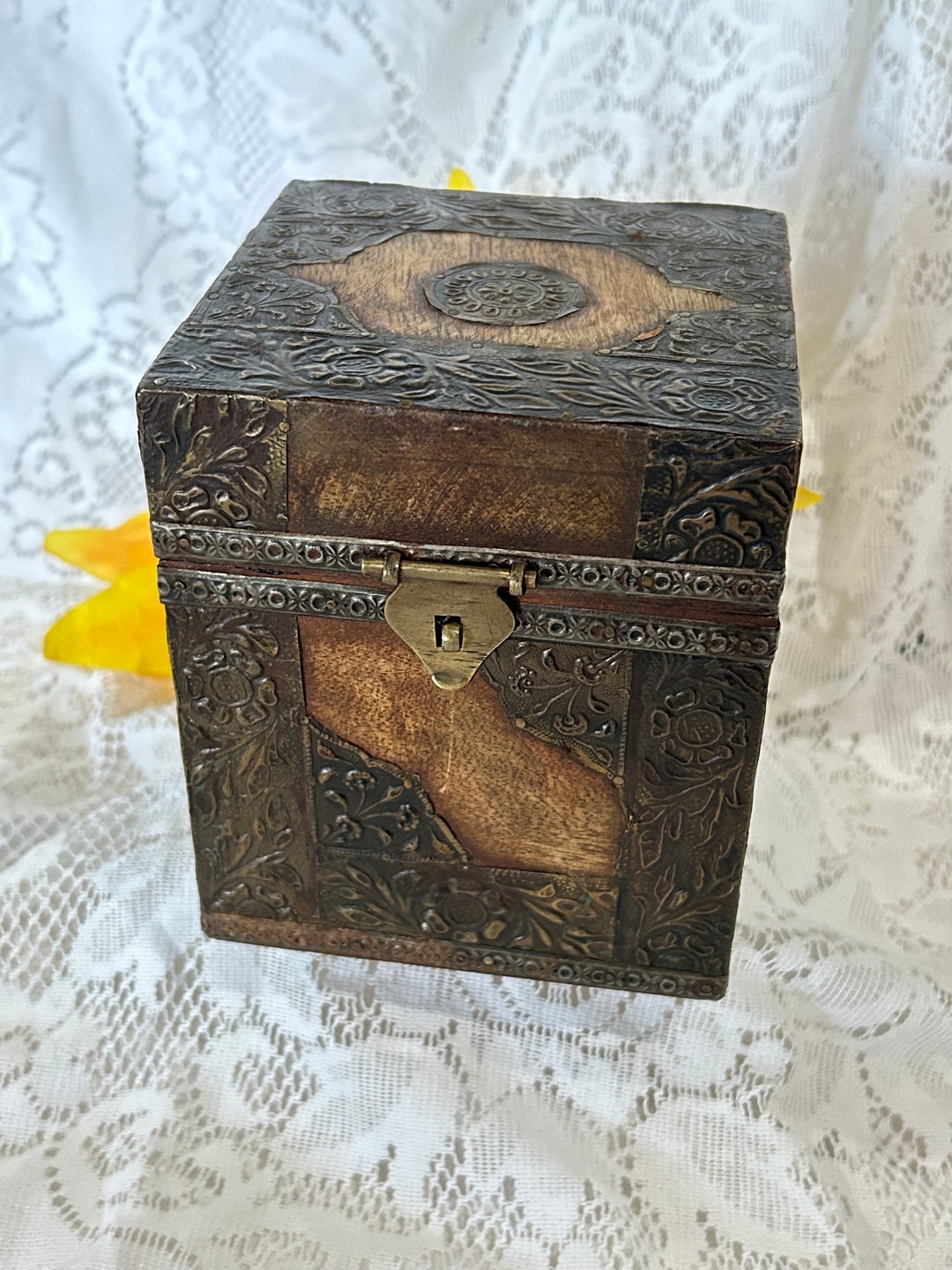 Rare Vintage German Hand Made 6 Tall Wood & Copper Tooled Lidded Hinged ...