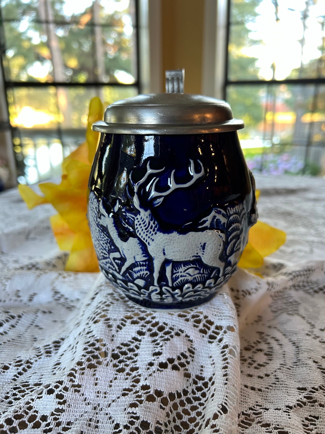 German Round Pot Belly Cobalt Stein W/deer Stag-boar-turkey W Germany ...