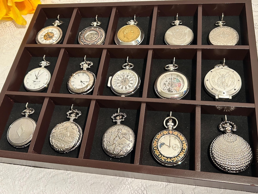 15 Various Pocket Watches in Beautiful Wood Velvet Showcase Box ...