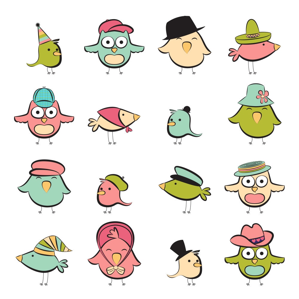 Birds in Hats Clip Art: Digital or Printable for Scrapbooks, Party ...