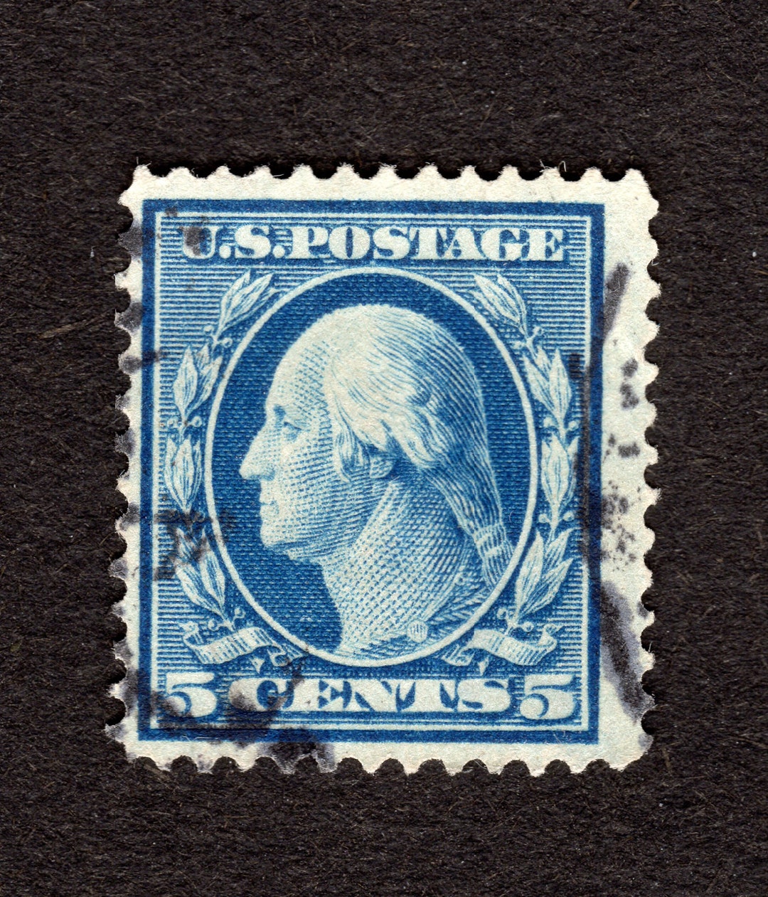 US Postage Stamp 5 Cent Washington Blue Facing Left 335 Perf 12 1908 US Postage Stamp 5 Cent Washington Blue Facing Left 335 Perf 12 1908