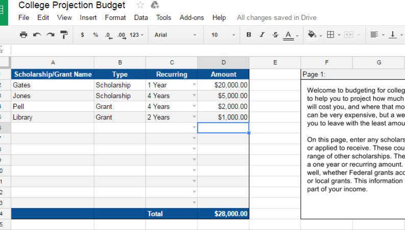 College Budgeting Spreadsheet - Etsy