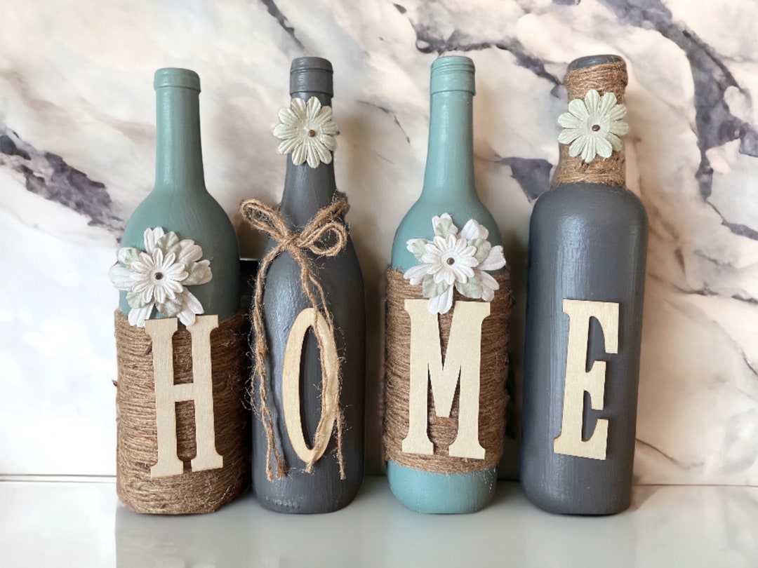 Wine Bottle Decor. Decorated Wine Bottles in Teal and Gray - Etsy
