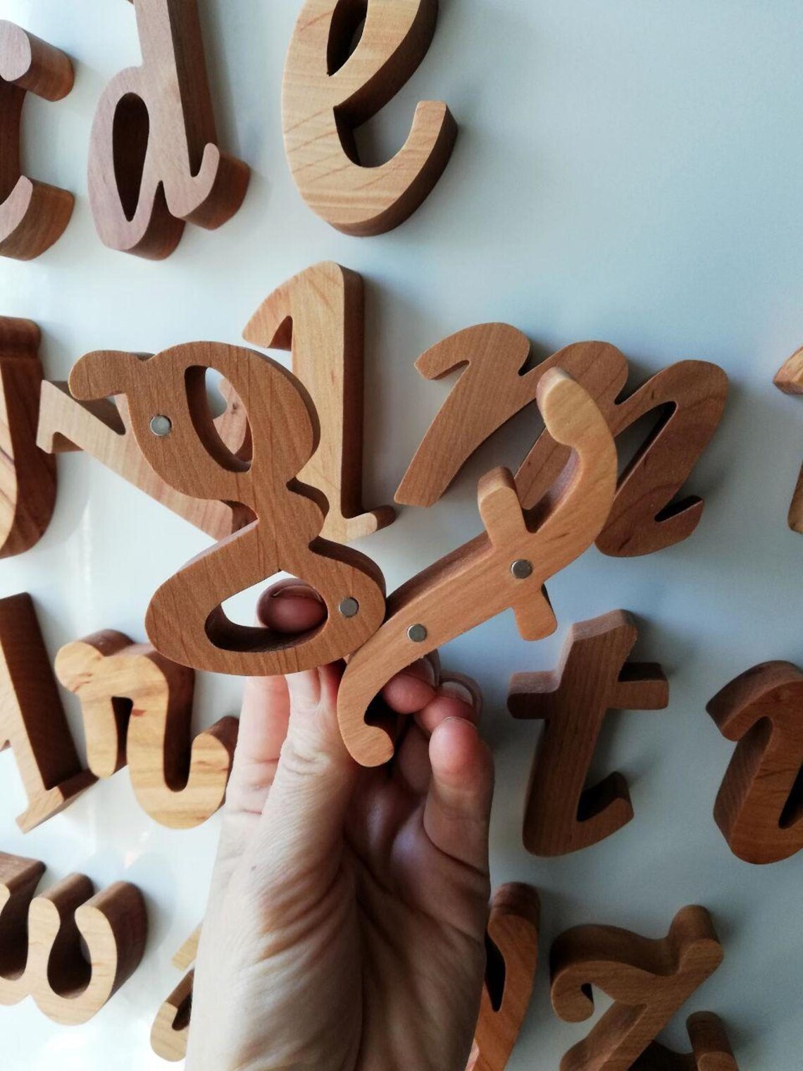 Wood alphabet for kids Cursive montessori magnets wooden | Etsy