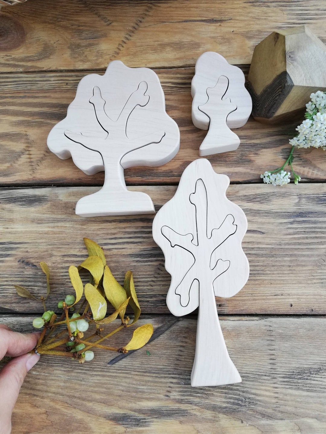 Set of Tree, Wooden Trees, Wooden Puzzle, Wooden Toys, Waldorf Wood ...