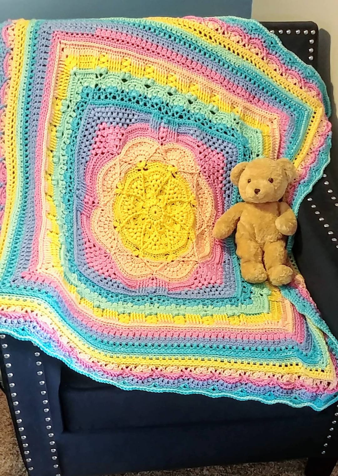 Handmade Crocheted Hooked on Sunshine Pattern Mash up Bright Rainbow ...