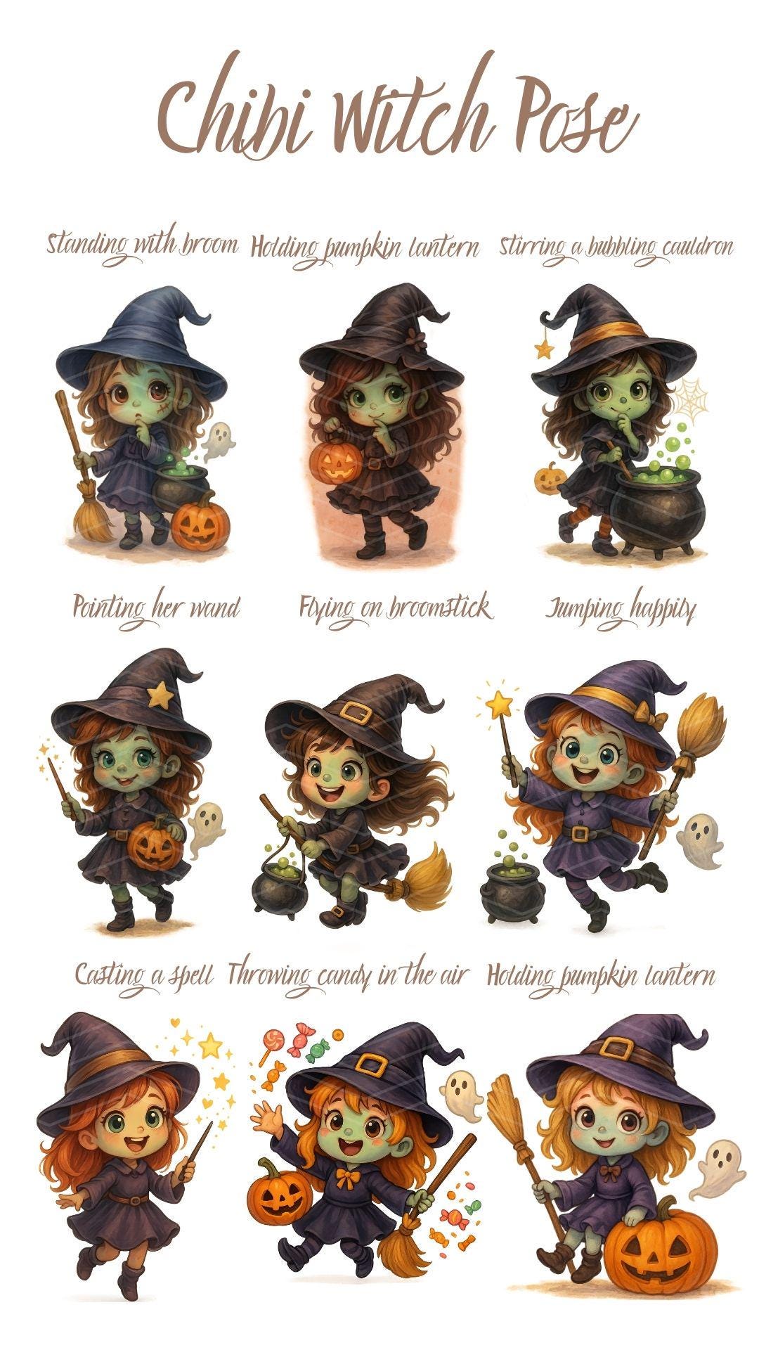 Chibi Witch Halloween Clipart Bundle | Cute Digital Download PNG ...