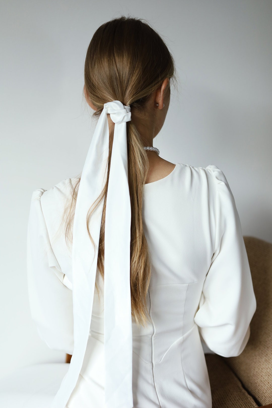 Satin Hair Ribbon for Bride Minimalist Silk Ribbon for Hair White Long ...