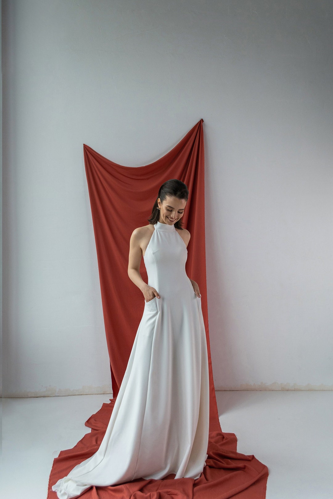 Mock Neck Wedding Dress With Pockets Handmade Bridal Dress High Neck ...
