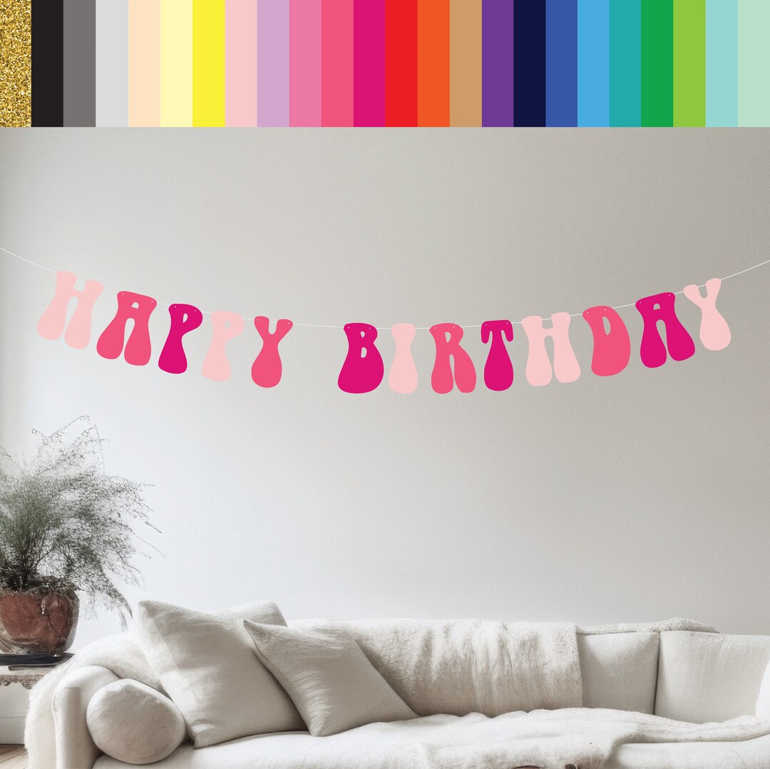 Retro Happy Birthday Banner, Pink Birthday Banner, Pink Party ...