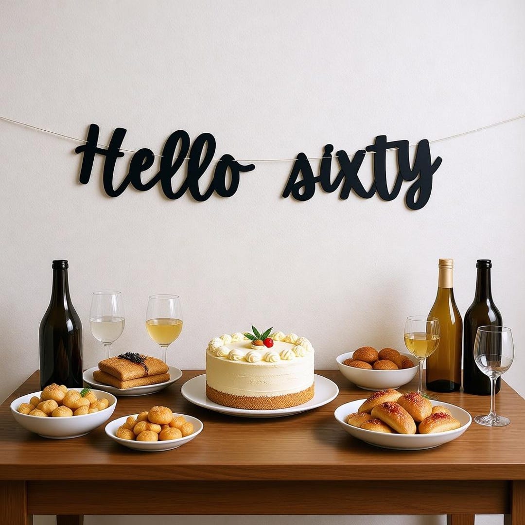 Hello Sixty Banner, Black Cursive 60th Birthday Banner, Elegant ...