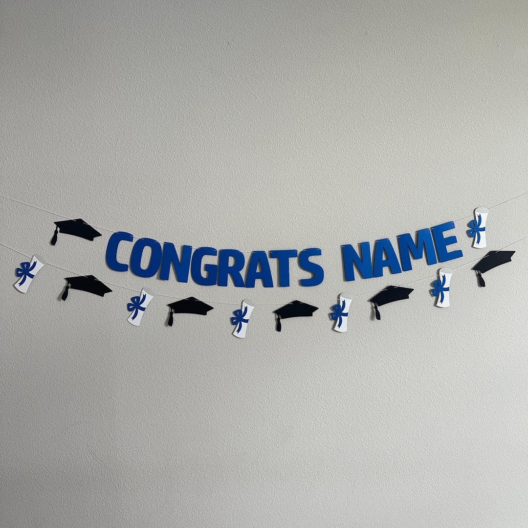 Custom Graduation Banner, Blue Graduation Decorations, Congrats Name ...
