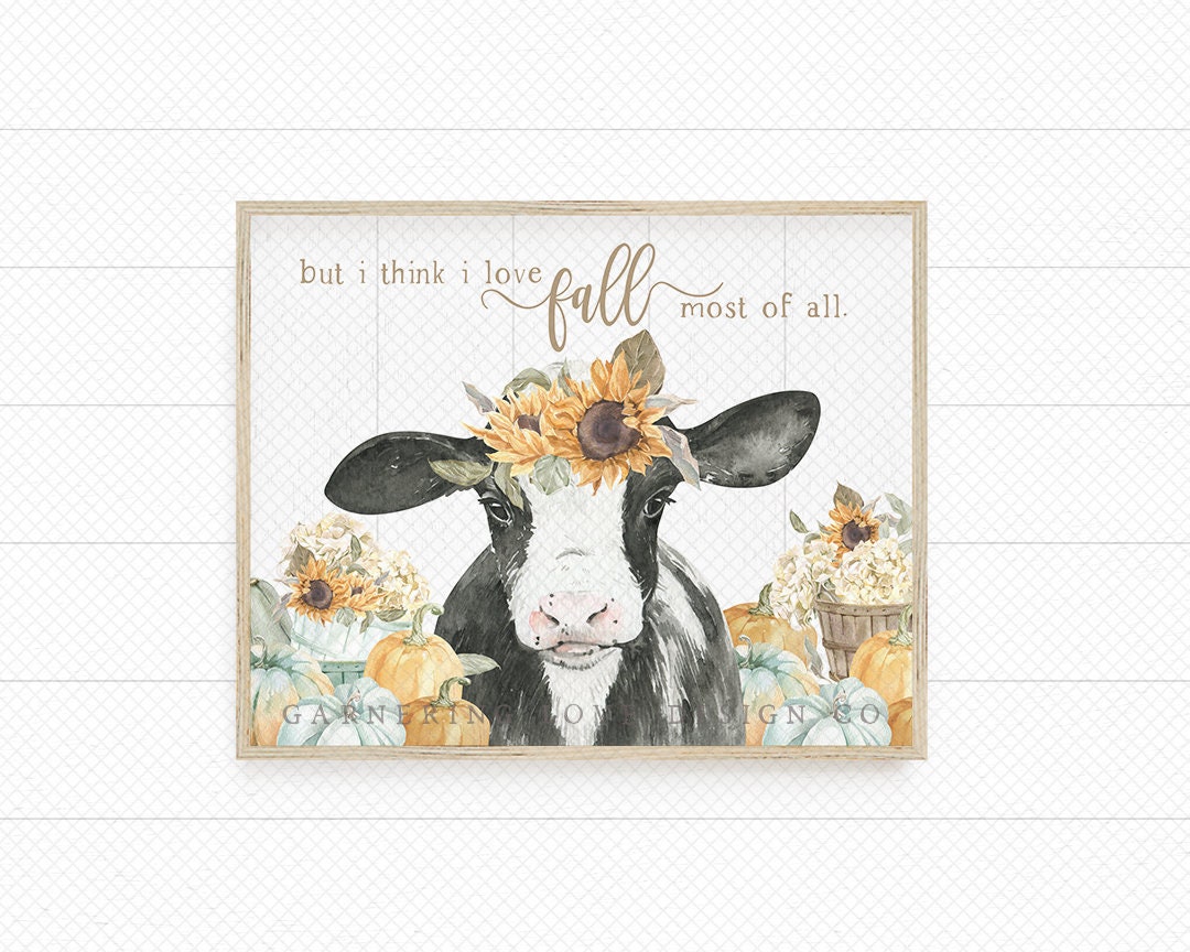 FALL FARMHOUSE COW Fall Art Print Pumpkin Print Cow Art Shiplap Cow ...