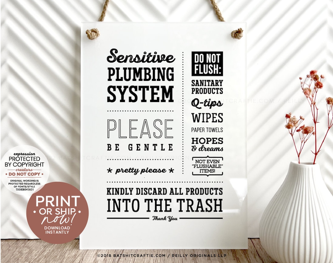Sensitive Plumbing Bathroom Sign ~ Ready to Print Instantly or Ship ...