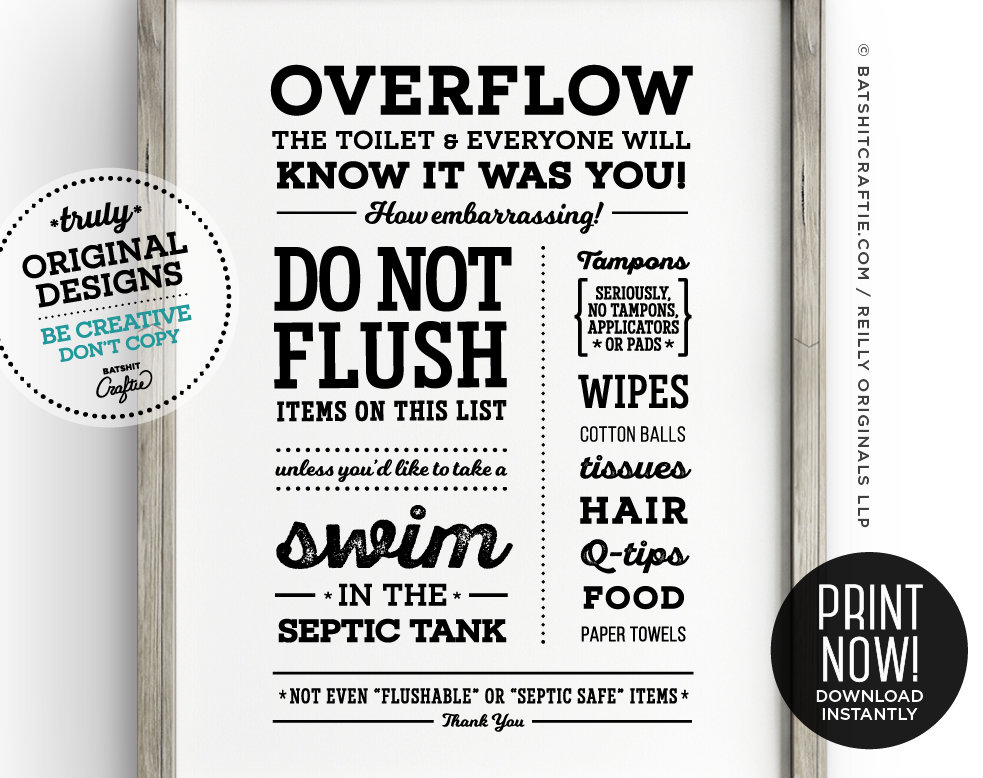 Funny PRINTABLE Septic System Bathroom Sign Overflow and Be - Etsy