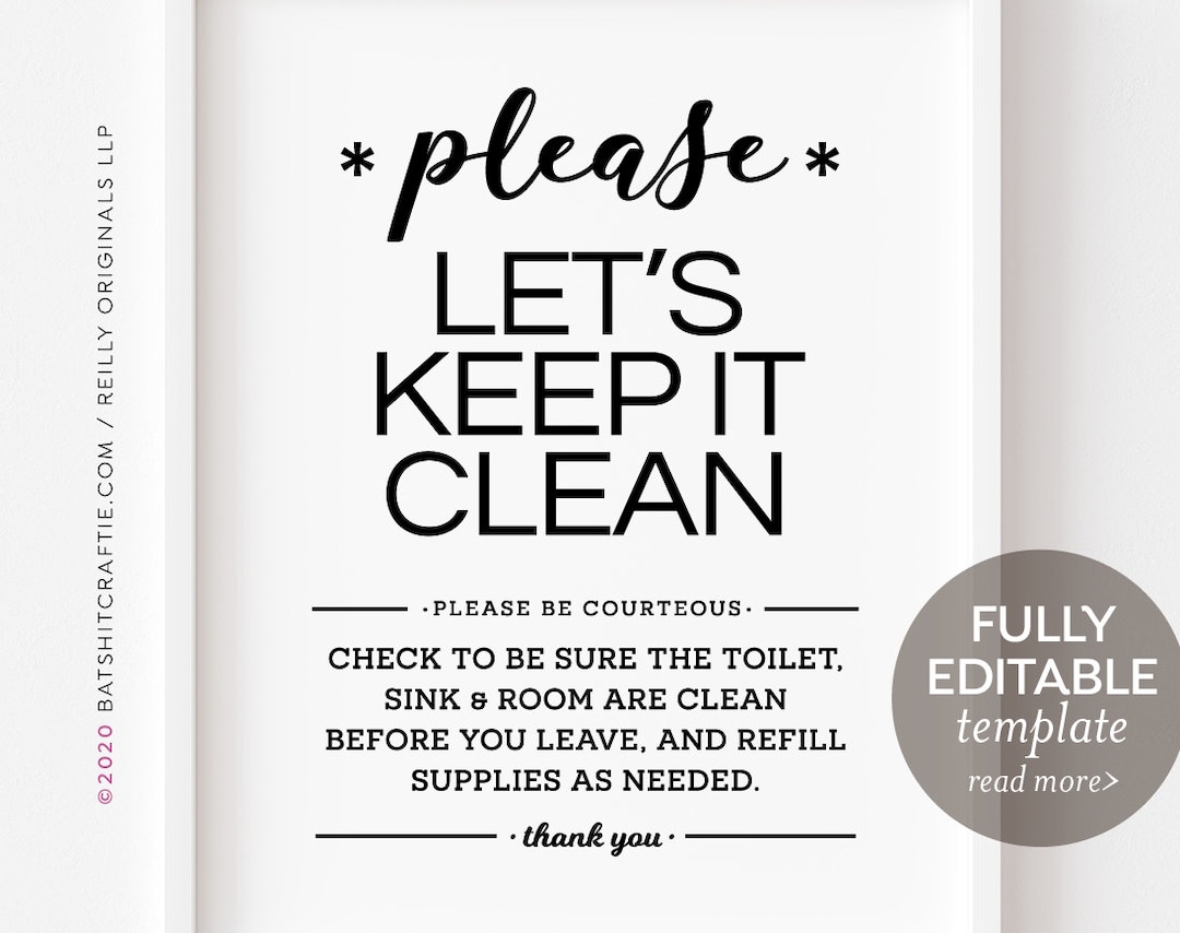 Fully Editable PRINTABLE SIGN ~ Please Help Keep Bathroom Clean ~ Cute ...