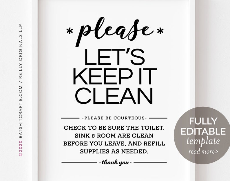 Fully Editable PRINTABLE SIGN ~ Please Help Keep Bathroom Clean ~ Cute ...